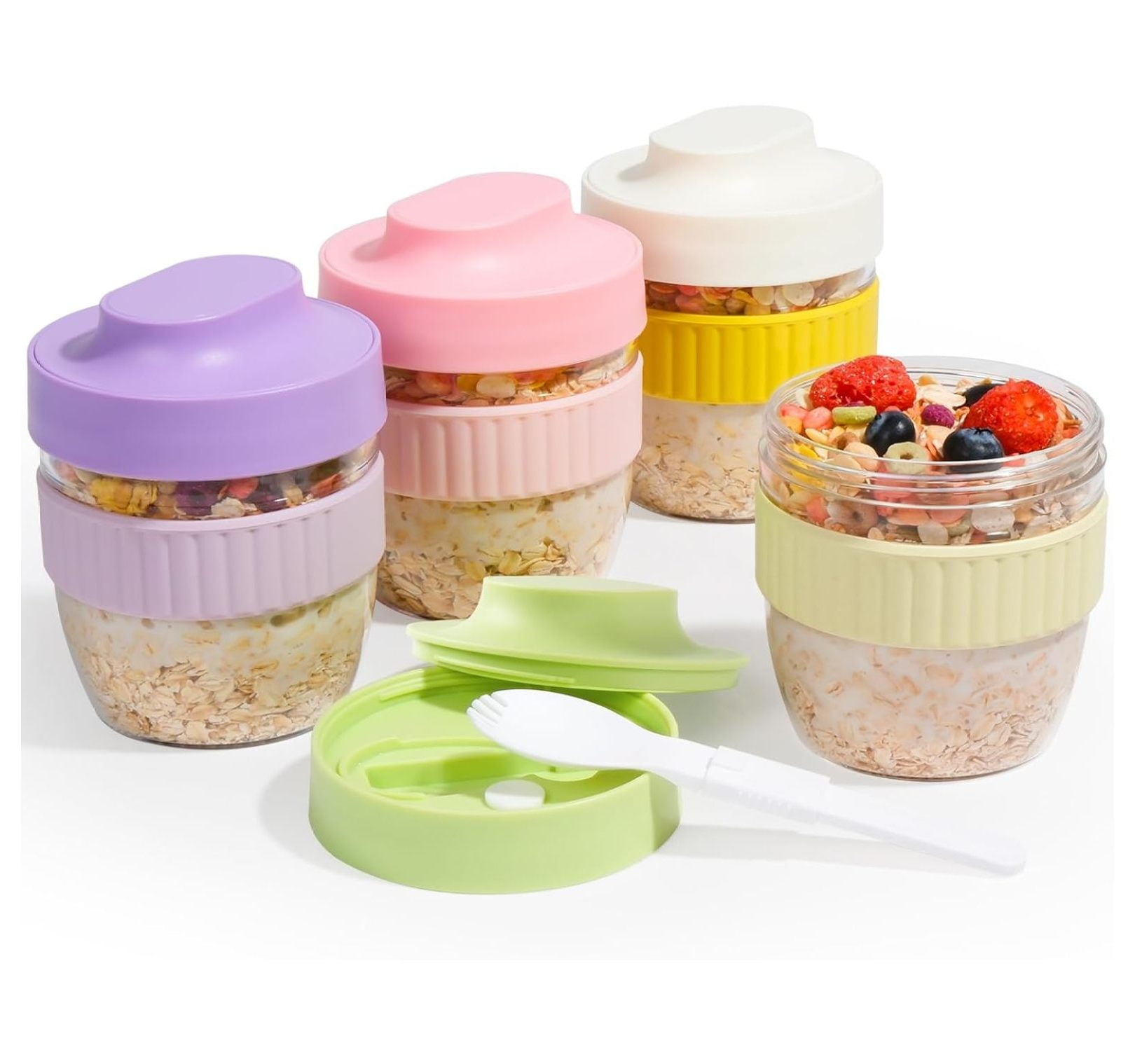 4 Pack Overnight Oats Container with Lids, Folding Spoons 16 oz Portable Overnight Oats Jars ...