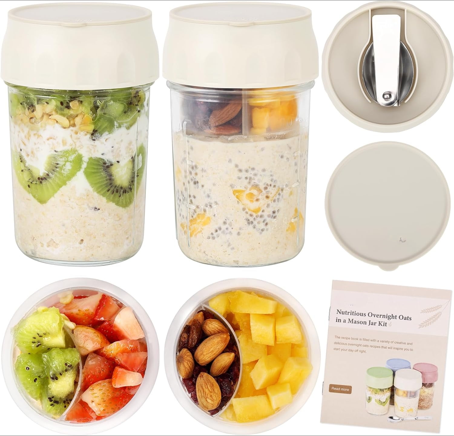 4 Pack Overnight Oats Containers with Lids, Folding Spoons and Divided ...