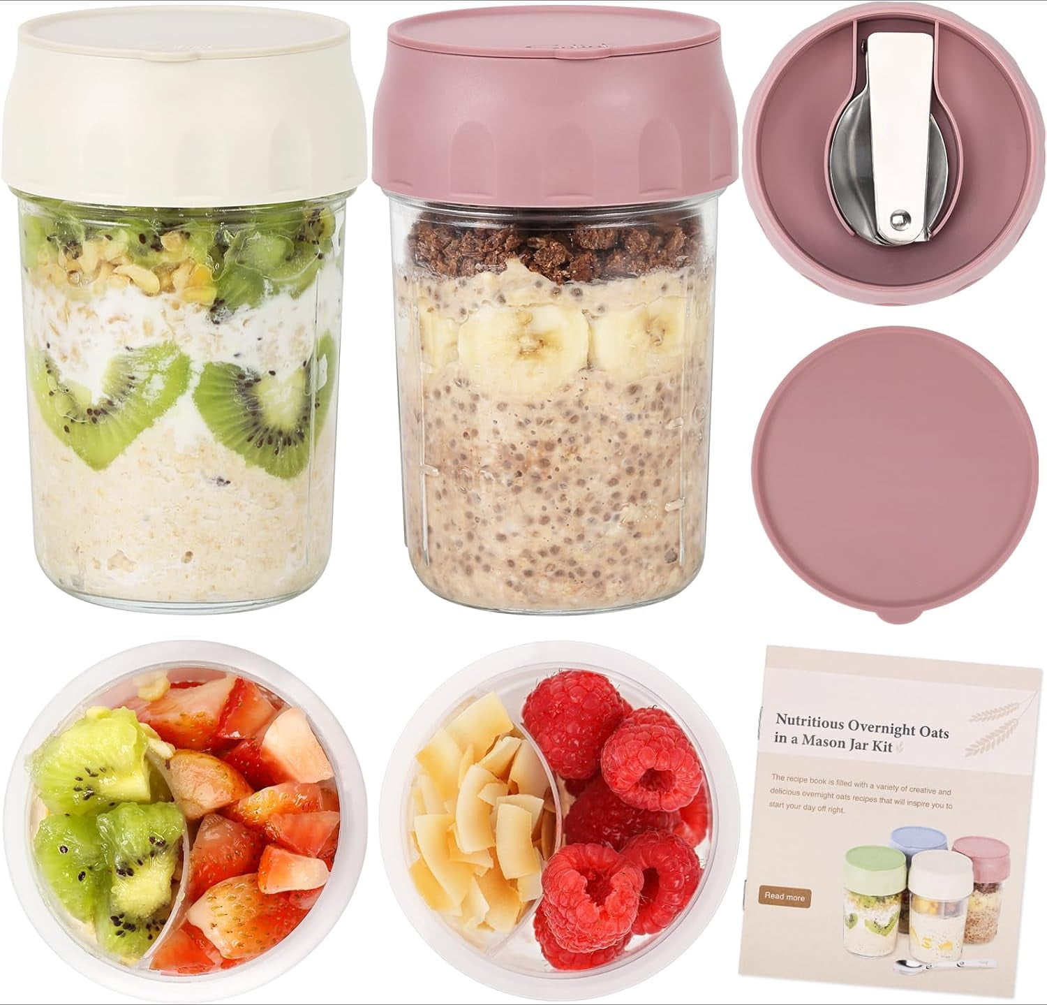 4 Pack Overnight Oats Containers with Lids, Folding Spoons and Divided ...