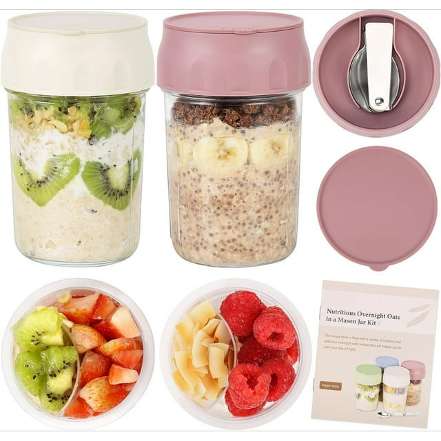 4 Pack Overnight Oats Containers with Lids, Folding Spoons and Divided Compartments for Fruit ...