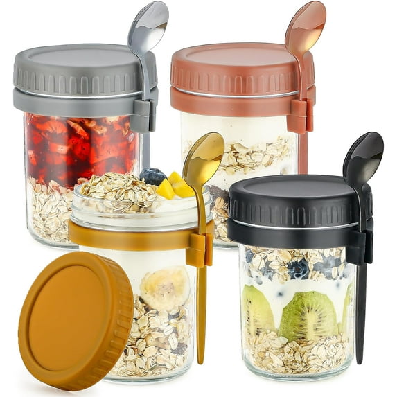 4 Pack Overnight Oats Containers with Lids and Spoons 16 Oz Glass Mason Jars for Overnight Oats ...