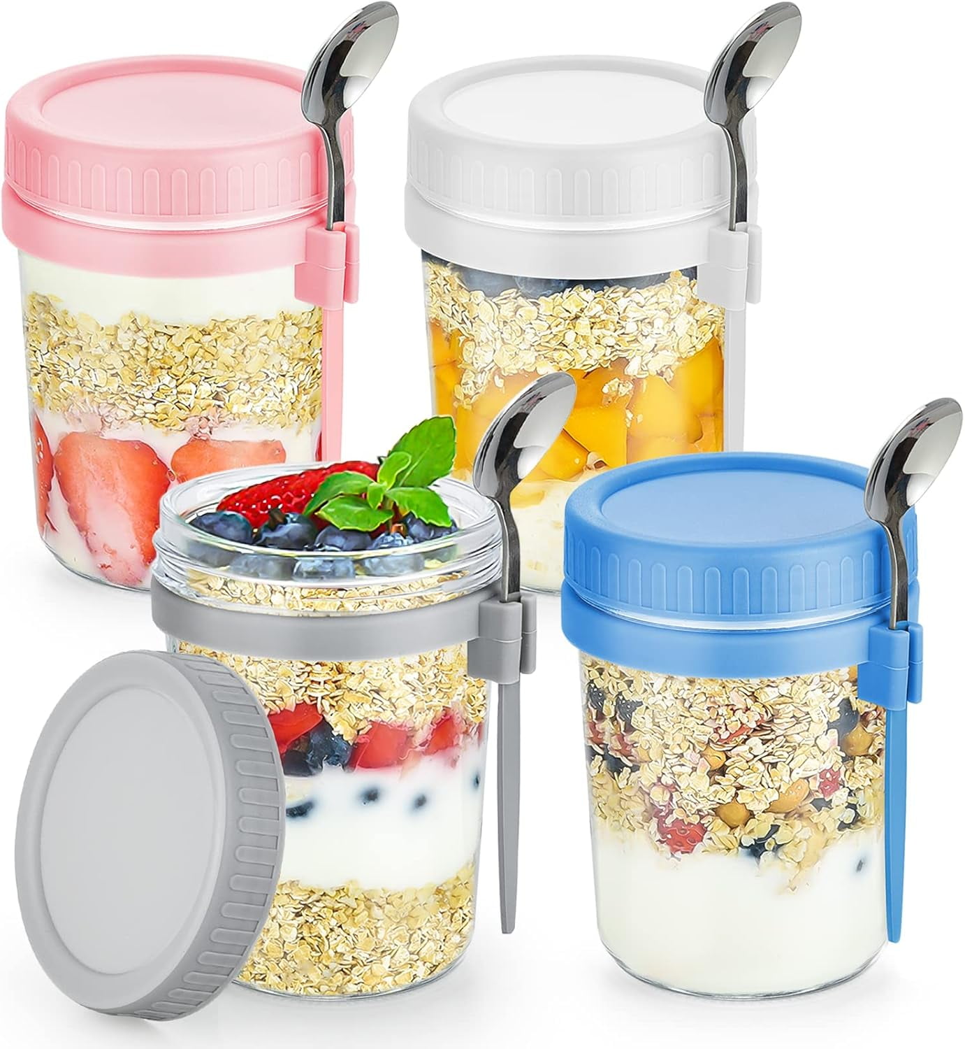 4 Pack Overnight Oats Containers with Lids and Spoons 16 Oz Glass Mason ...