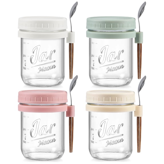 4 Pack Overnight Oats Containers With Lids And Spoons 16 Oz Glass Mason ...