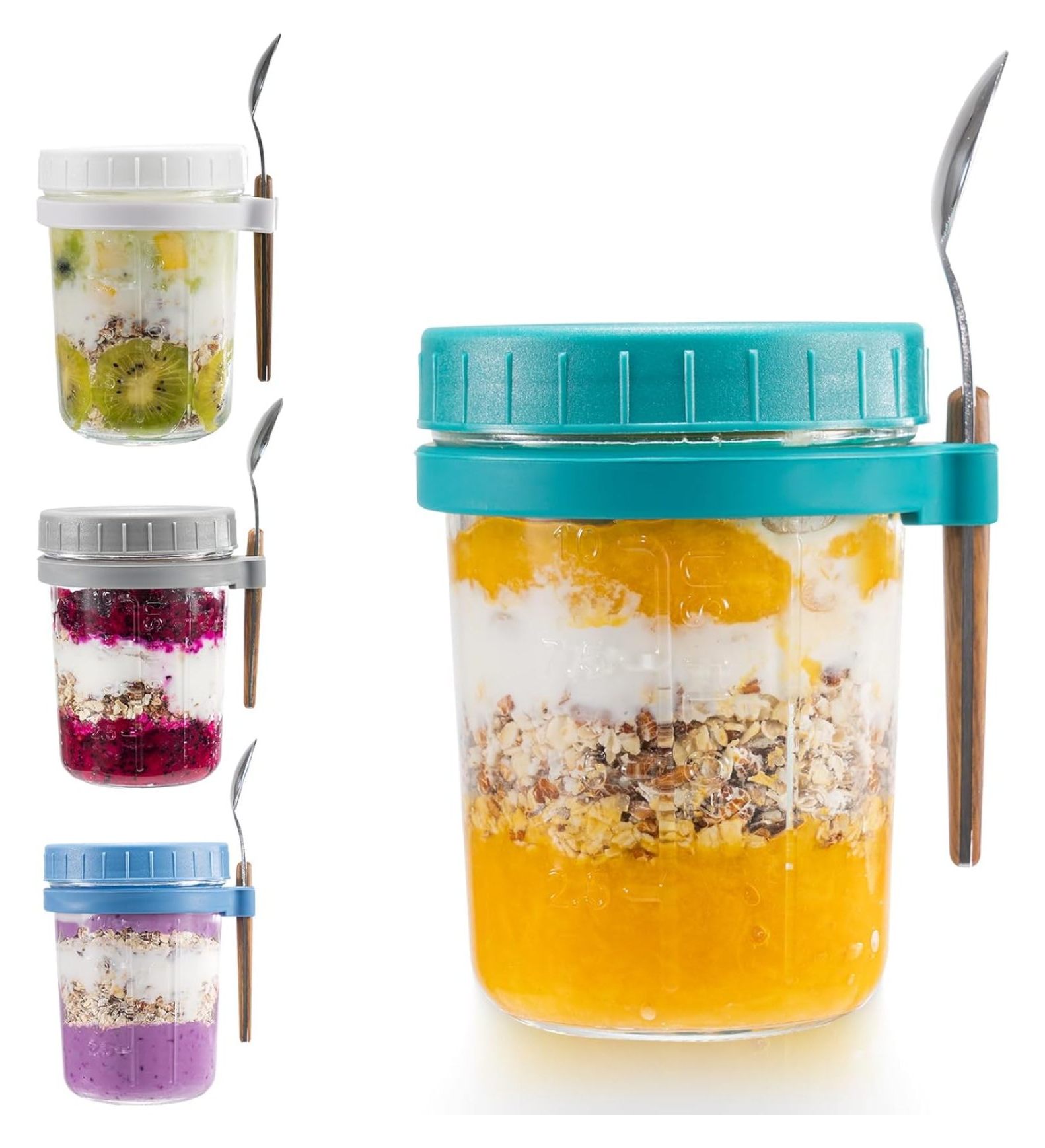 4 Pack Overnight Oats Containers with Lids and Spoons, 12 oz Glass Mason Overnight Oats Jars for ...