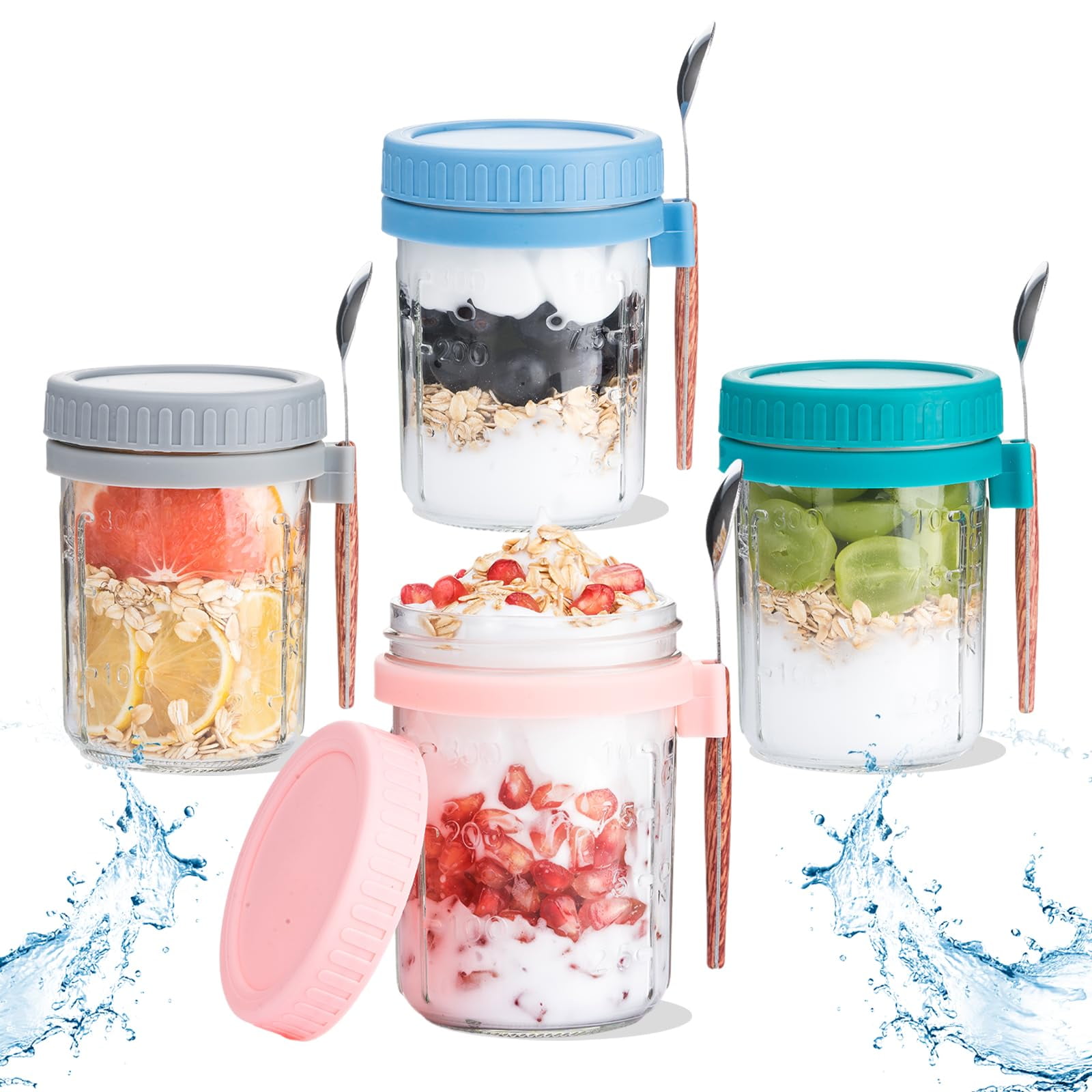 4 Pack Overnight Oats Containers with Lids and Spoons, 16 oz Glass Mason Airtight Jars - Walmart.com