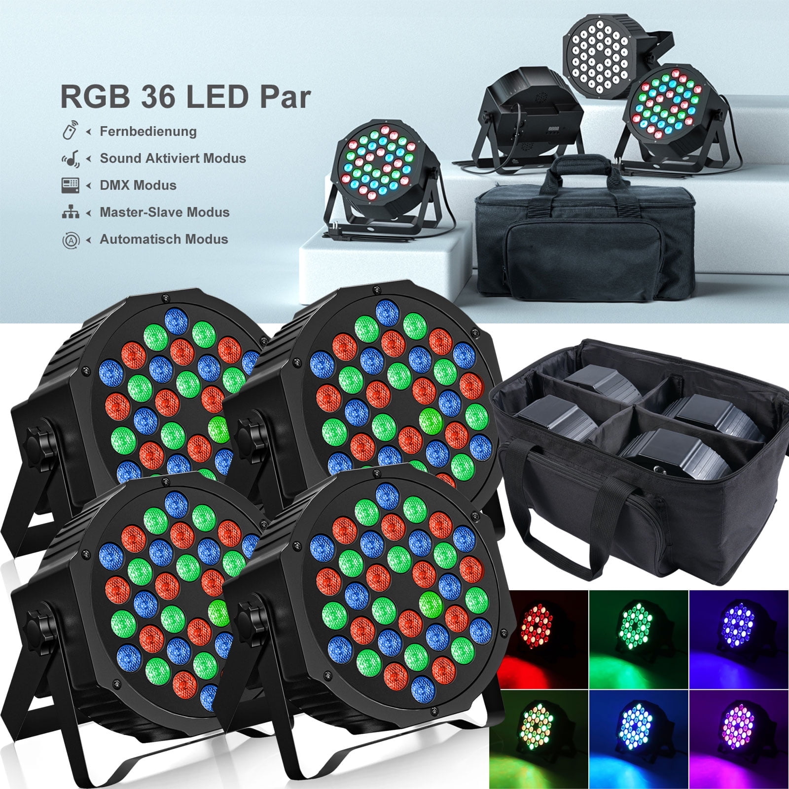 4 Pack Par Lights with Bag, 36 LED Round Stage Lights Sound Activated ...