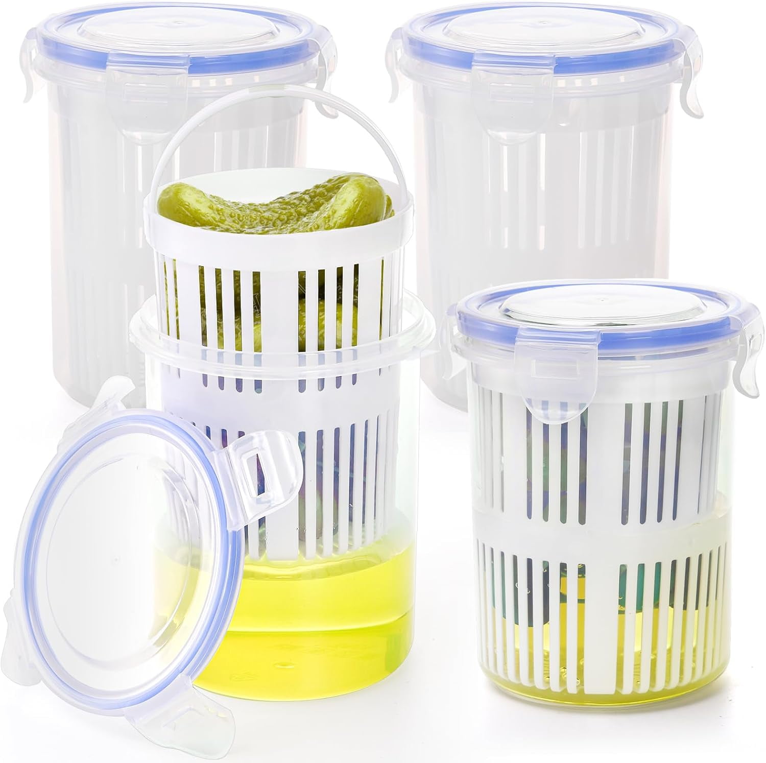4 Pack Pickle Container with Strainer, 24 oz Plastic Pickle Jar Holder ...