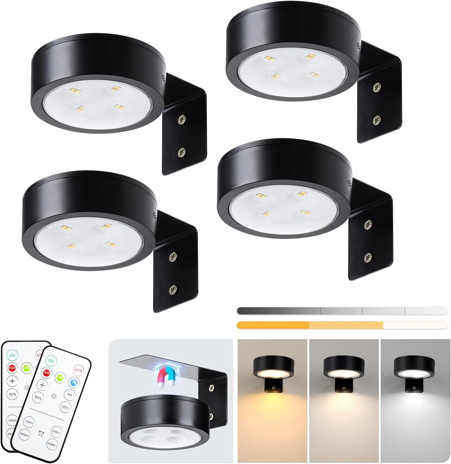 4-Pack Picture Light Battery Operated with Remote, Led Lights Dimmable ...