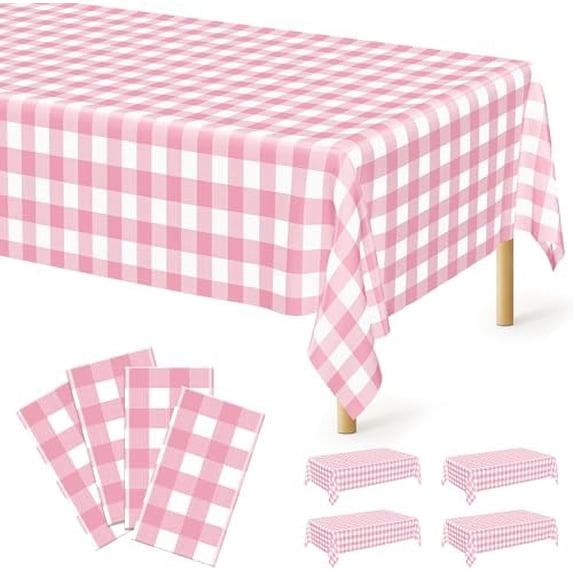 4 Pack Pink Checkered Disposable Plastic Tablecloth, 54"x108 ...