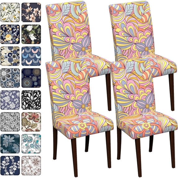 4 Pack Pink Yellow Blue Abstract Curve Flower Stretch Dining Chair ...