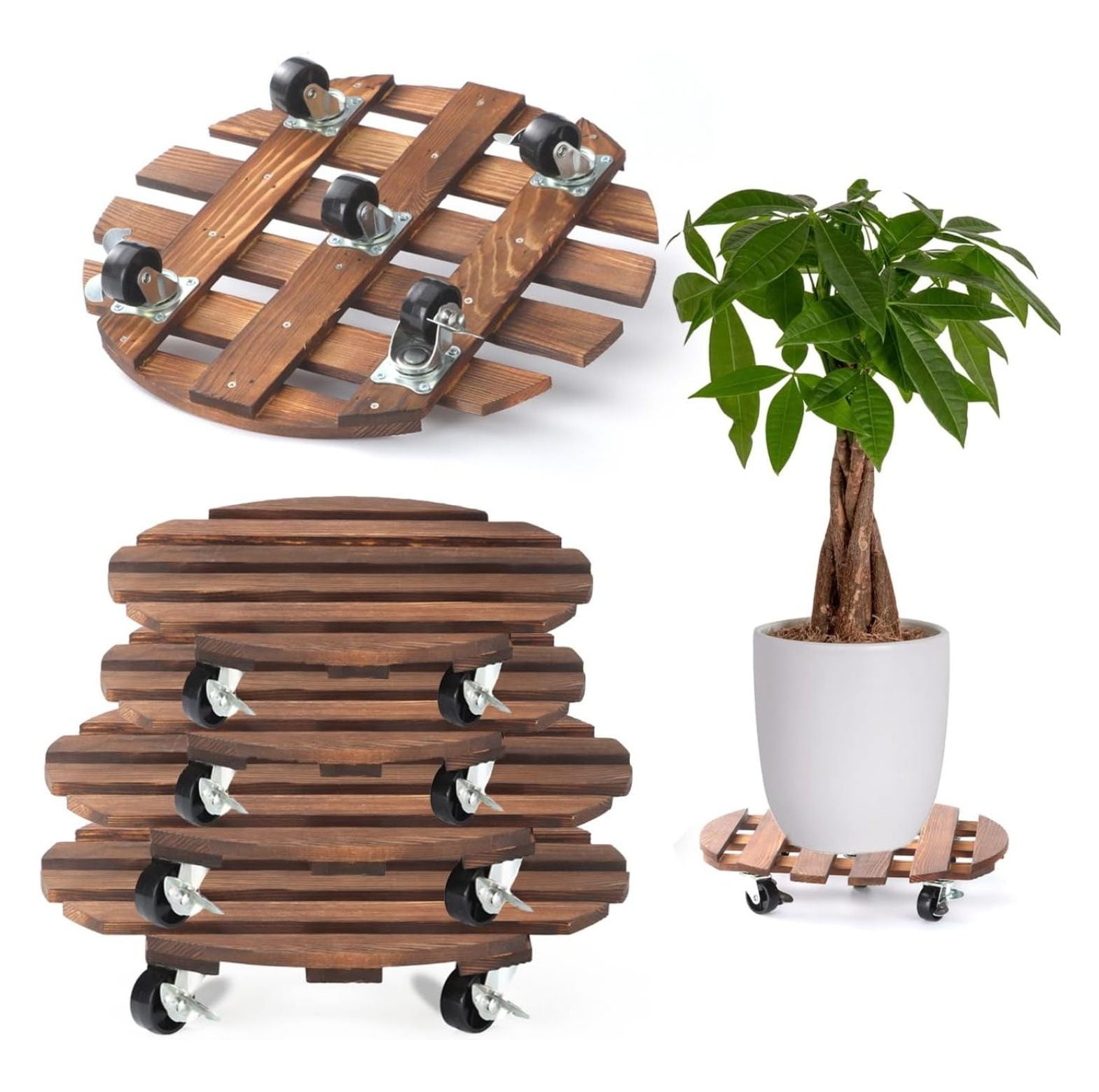 4 Pack Plant Caddy with 5 Wheels, Wood Rolling Plant Stand 220 LB Heavy ...