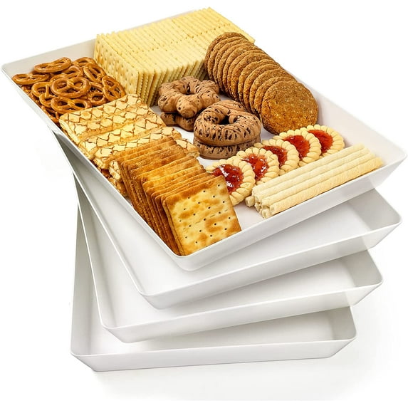 4-Pack Plastic 16" x 11" Large White Serving Trays Set - Reusable ...