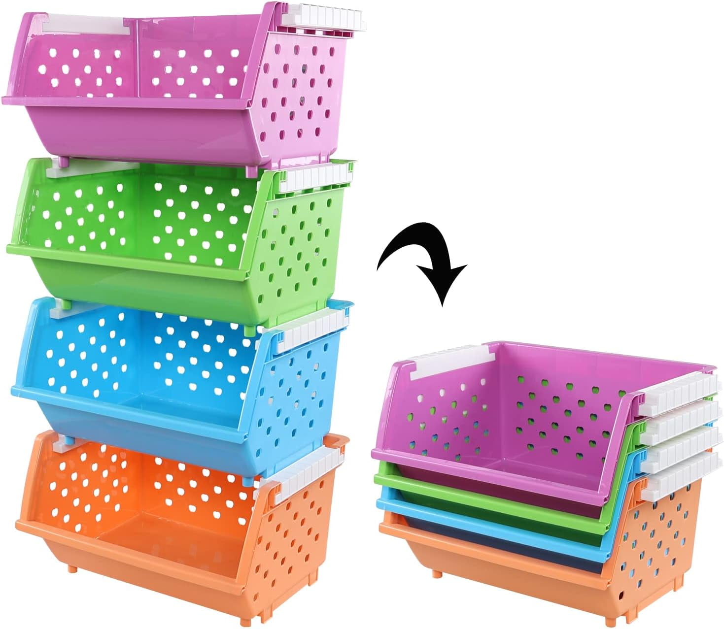 4-Pack Plastic Kitchen Stackable Storage Baskets, Colored Stacking Open ...
