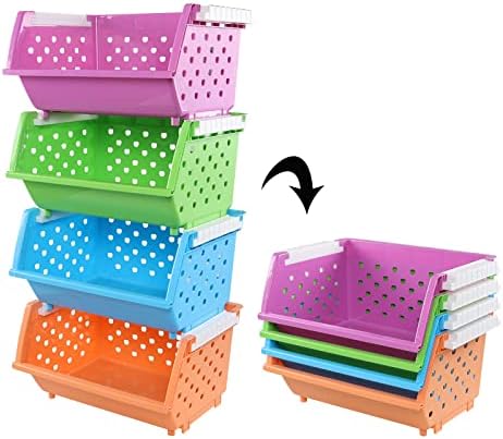 4-Pack Plastic Kitchen Stackable Storage Baskets, Colored Stacking Open ...