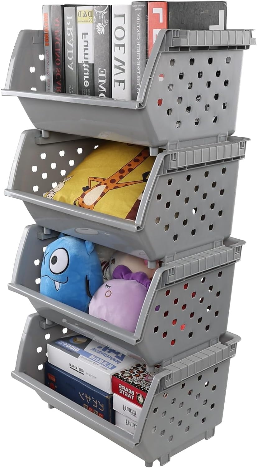 4-Pack Plastic Large Stacking Organizer Basket, Stacking Open Front ...
