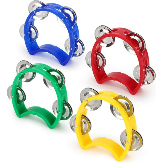 4 Pack Plastic Percussion Tambourines, Mini Hand Bell Percussion with 4 ...