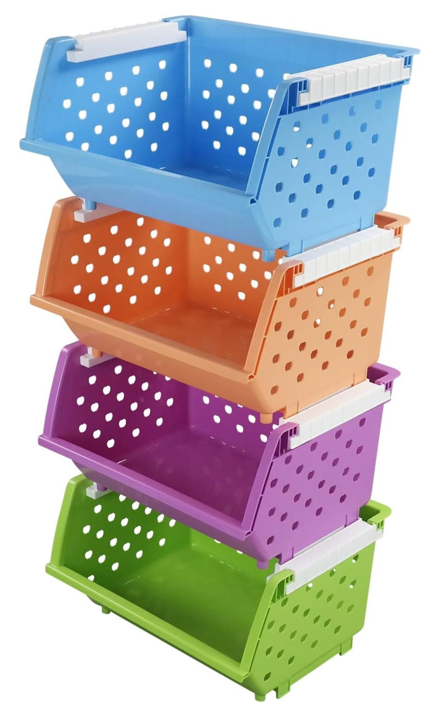4-Pack Plastic Stackable Storage Baskets, Colored Stacking Bin ...