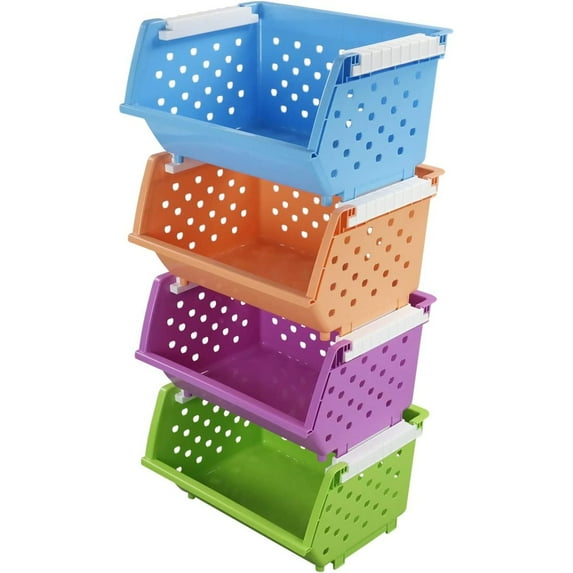 4-Pack Plastic Stackable Storage Baskets, Colored Stacking Bin ...