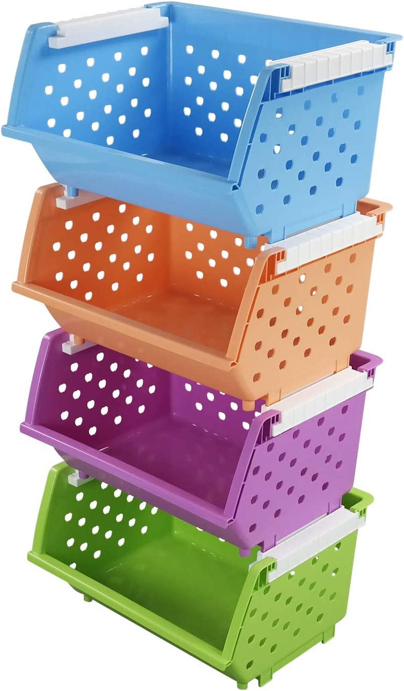 4-Pack Plastic Stackable Storage Baskets, Colored Stacking Bin ...