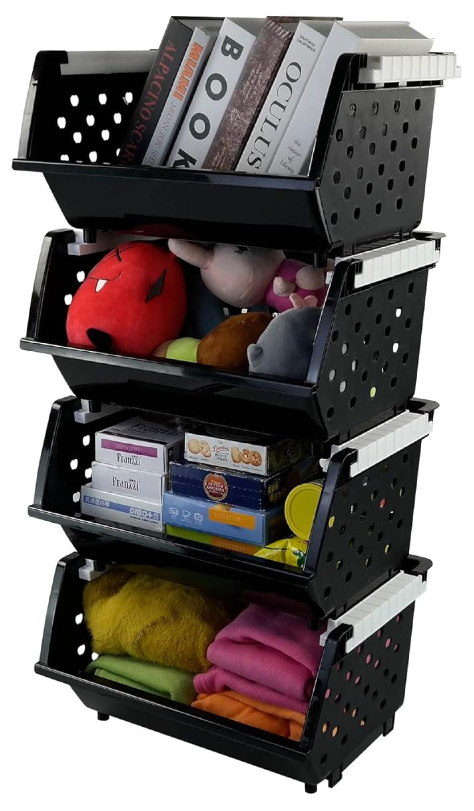 4 Pack Plastic Stackable Storage Baskets, Large Stacking Organizer Bins ...