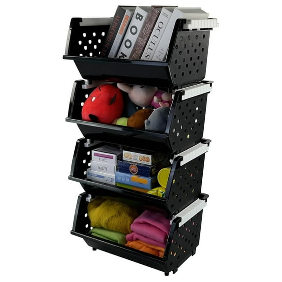 4 Pack Plastic Stackable Storage Baskets, Large Stacking Organizer Bins, Black - Walmart.com