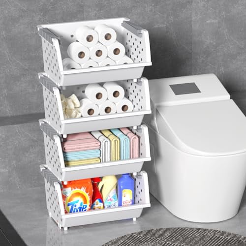 4 Pack Plastic Stacking Basket Organizer, Large Kitchen Open Front ...