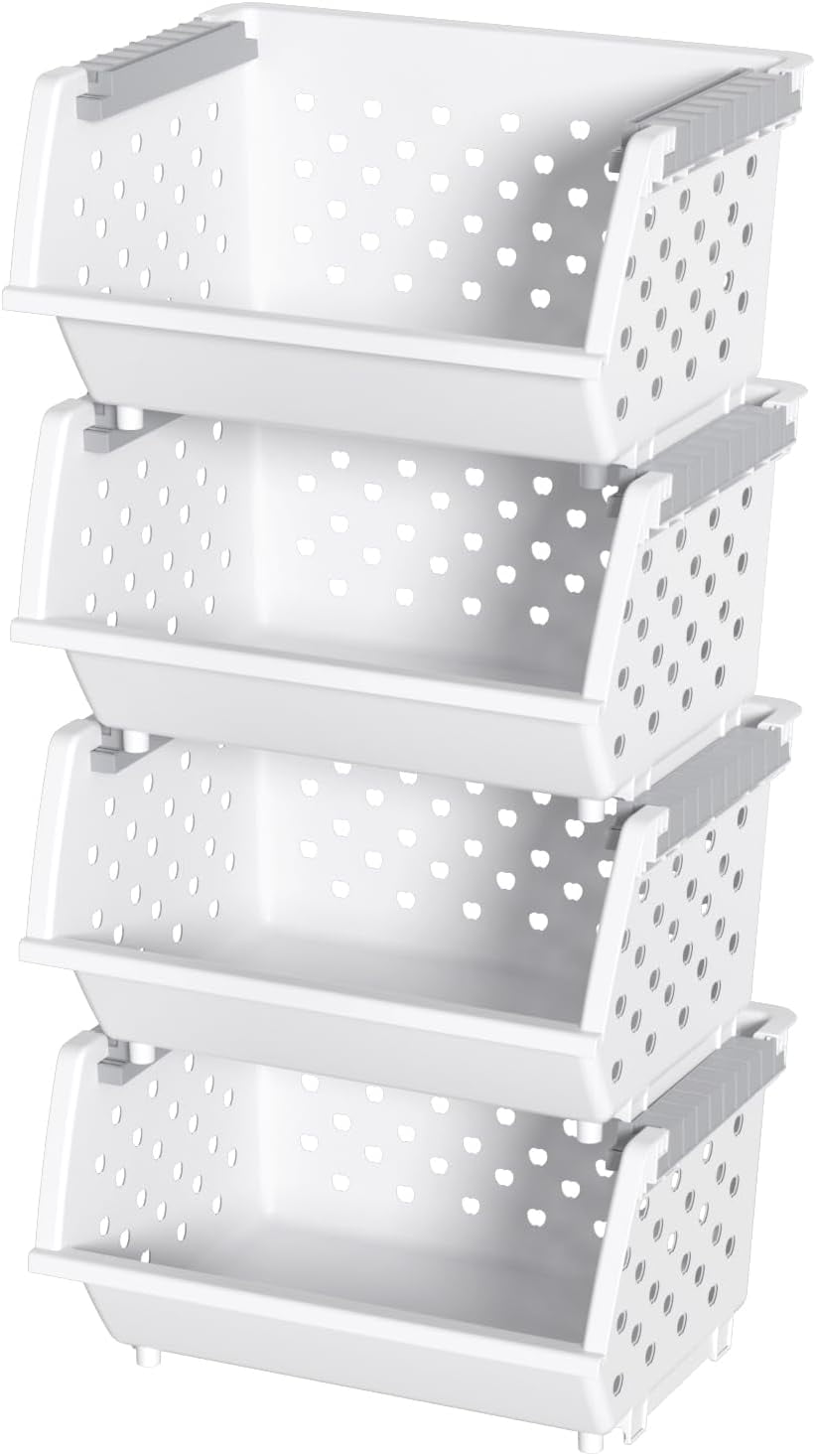 4 Pack Plastic Stacking Basket Organizer, Large Kitchen Open Front ...