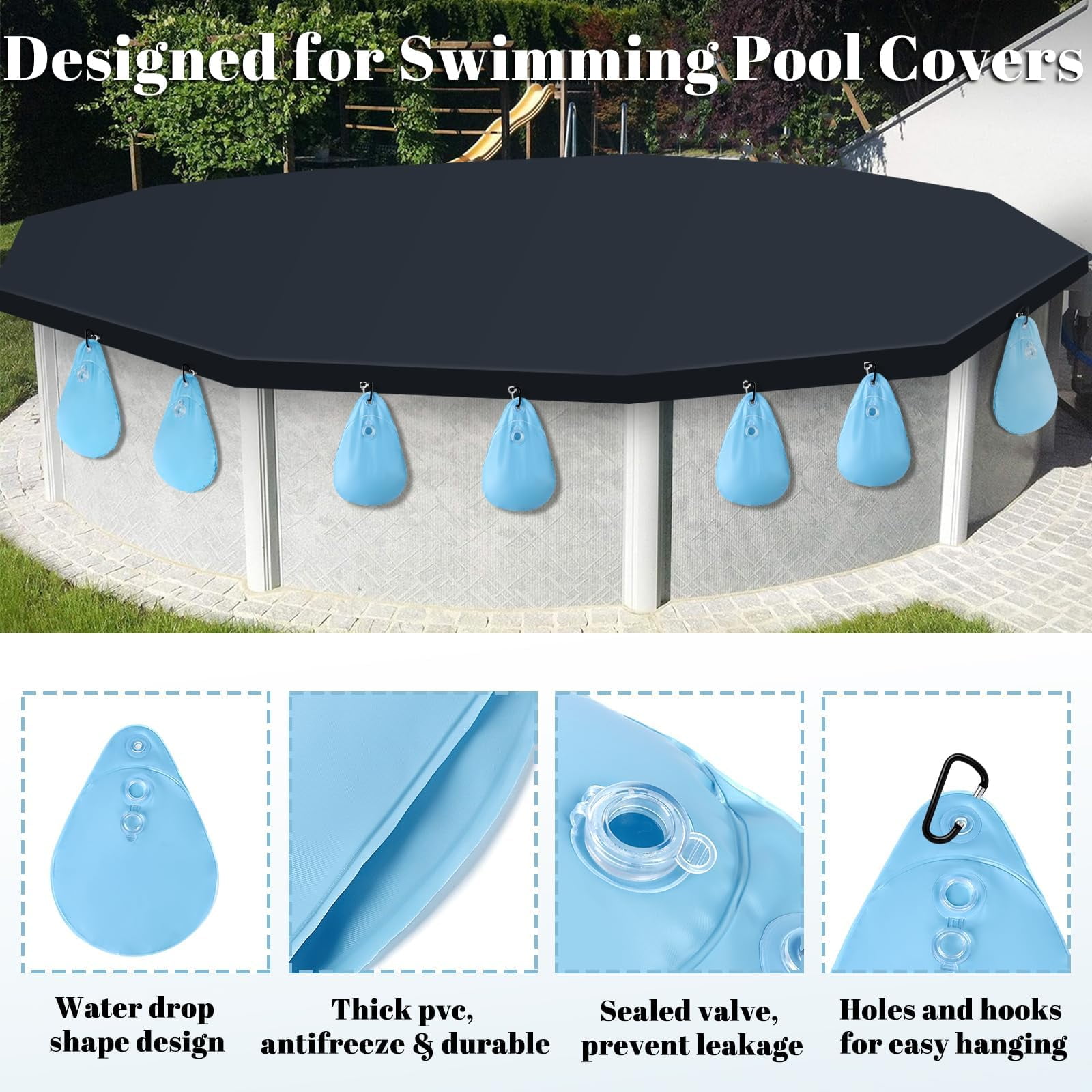 4 Pack Pool Cover Weights with Hooks, Leakproof Swimming Pool Cover ...