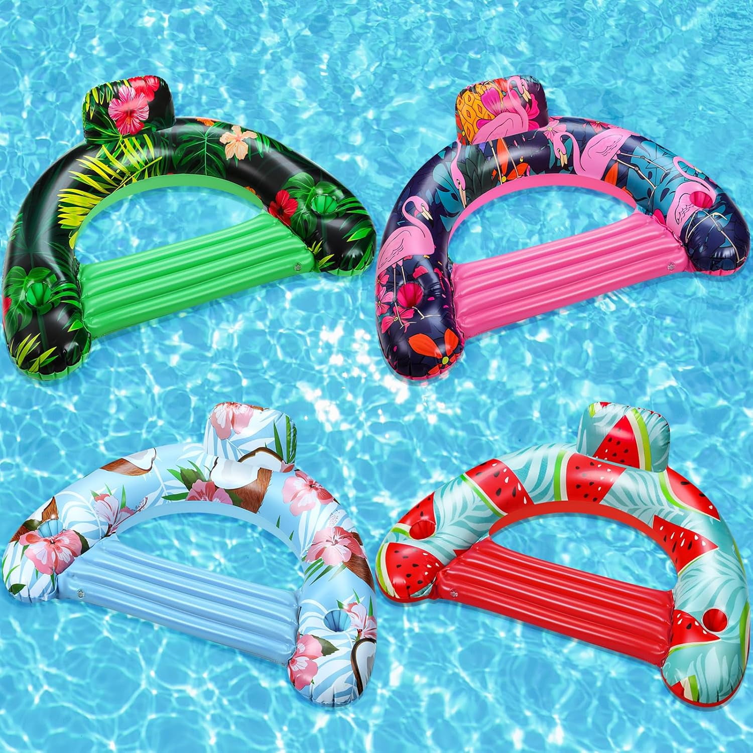 4 Pack Pool Floats, Inflatable Float Chairs with Cup Holder and ...