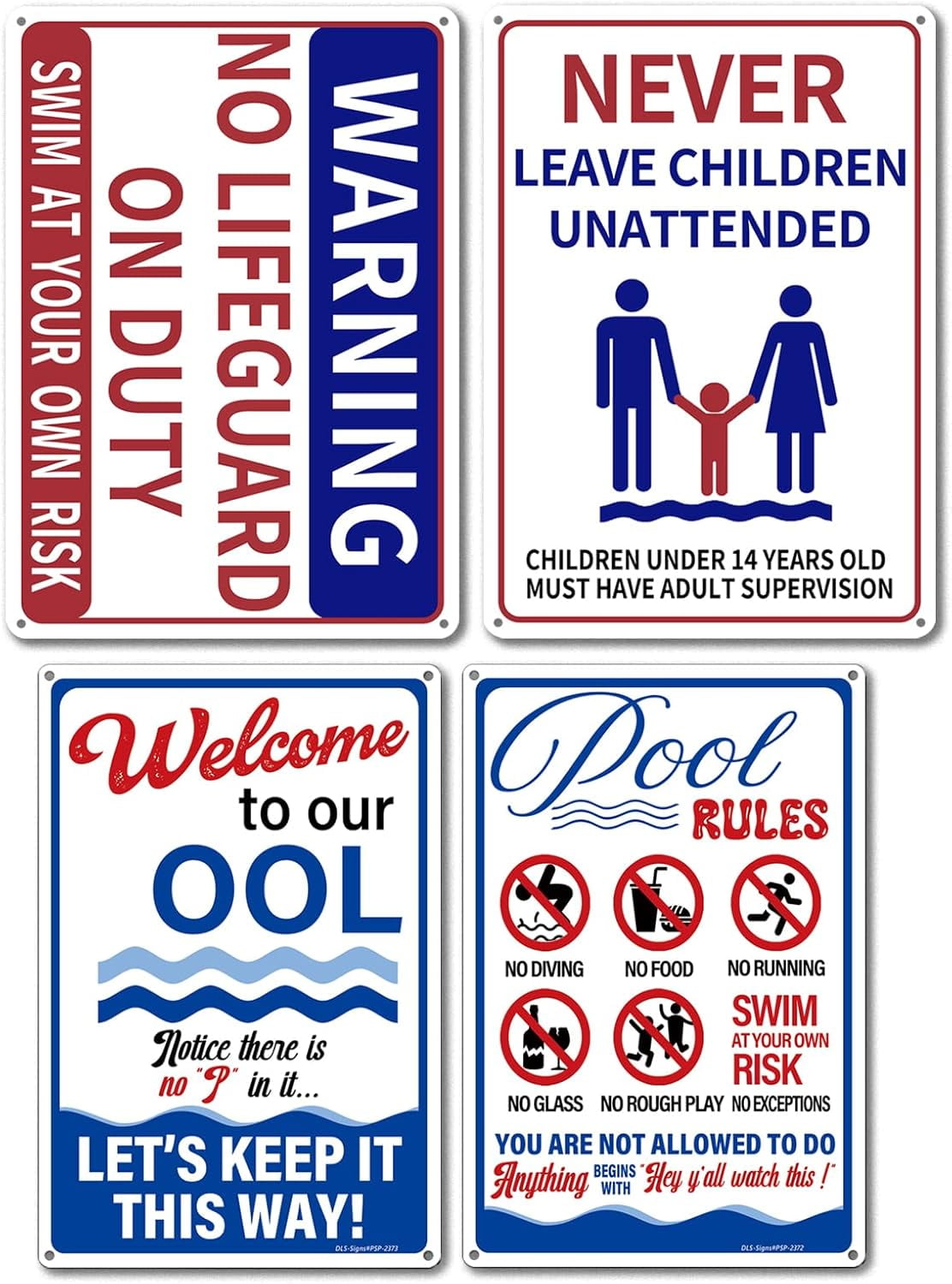 (4 Pack) Pool Safety Signs and Decor for Outdoor, No Lifeguard on Duty ...