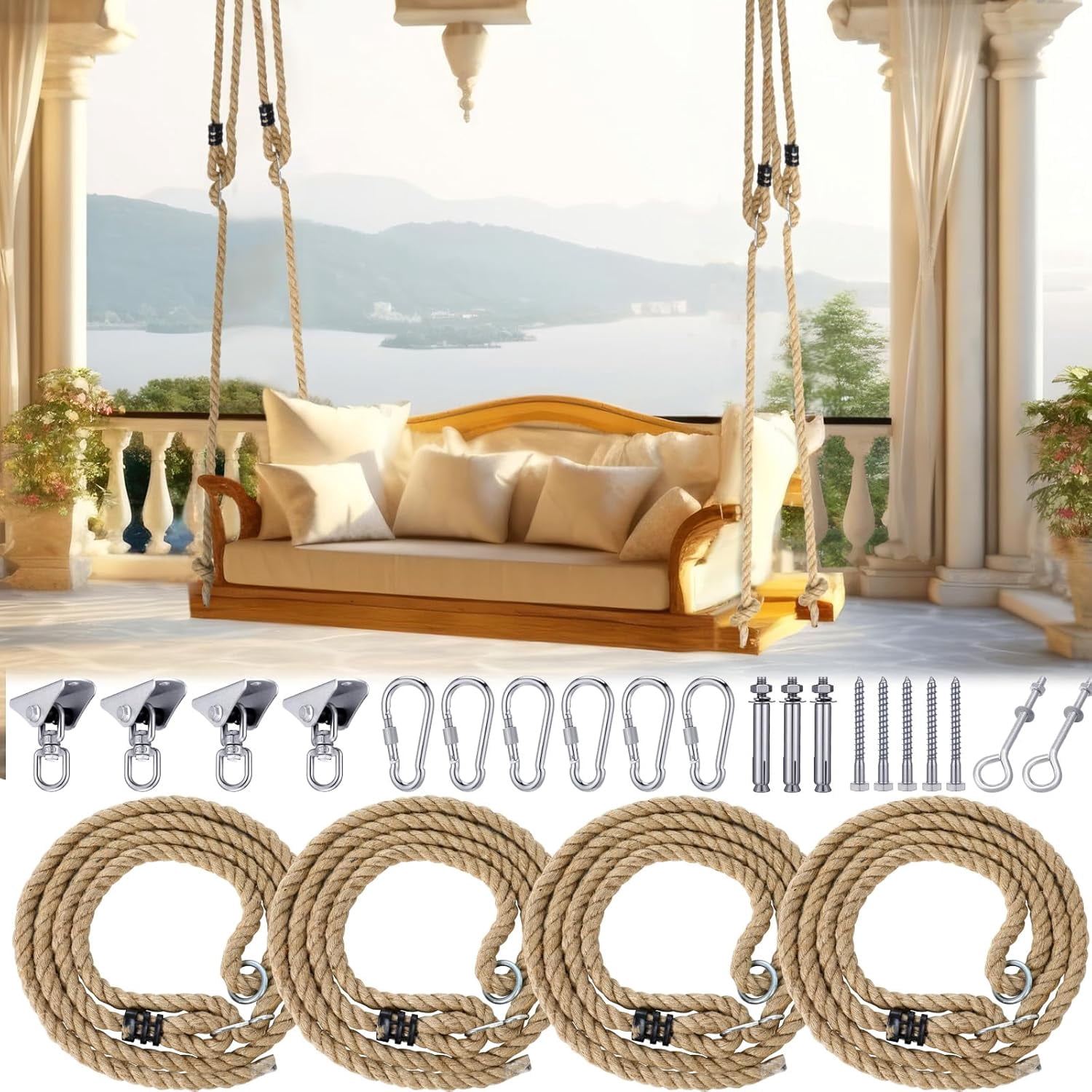 4 Pack Porch Swing Rope Kit Hemp Rope Swing Bed Straps Holds 800 Lbs ...