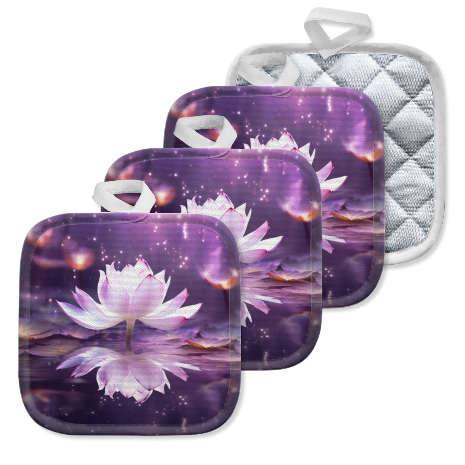4 Pack Pot Holders,Kitchen Essential, Potholder Set,Blooming Lotus With A Purple Hued Background ...