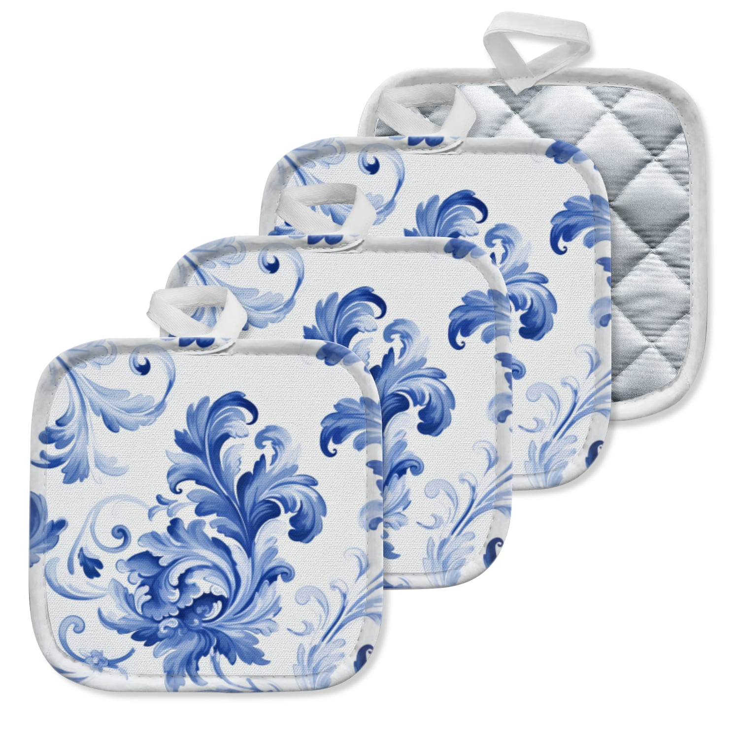 4 Pack Pot Holders,Kitchen Essential, Potholder Set,Blue And White ...