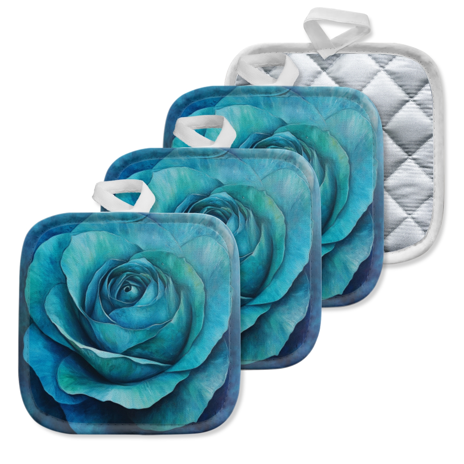 4 Pack Pot Holders,Kitchen Essential, Potholder Set,Blue Toned Rose In ...