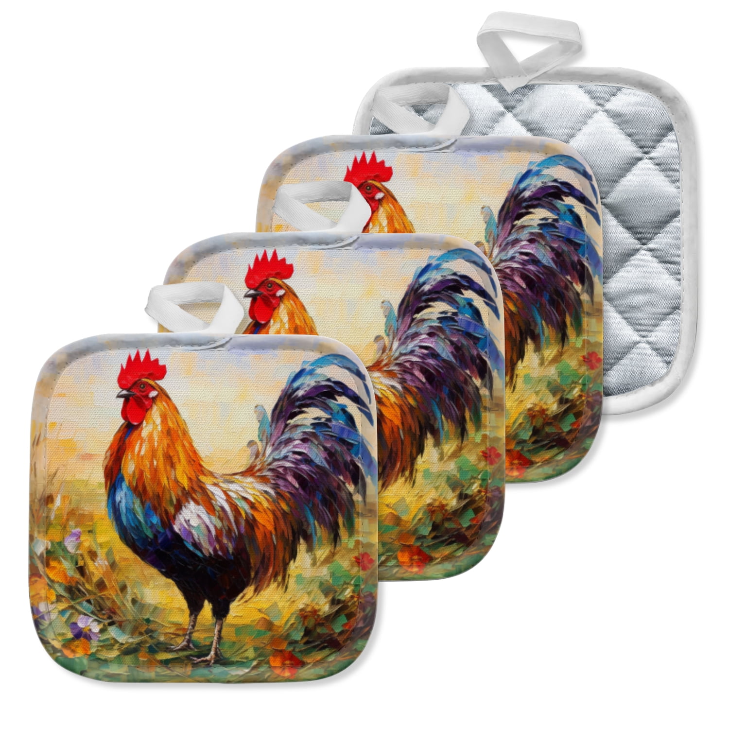 4 Pack Pot Holders,Kitchen Essential, Potholder Set,Colorful Rooster In ...