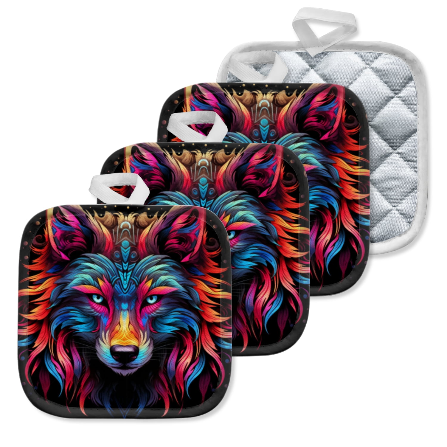4 Pack Pot Holders,Kitchen Essential, Potholder Set,Colorful Wolf Head ...