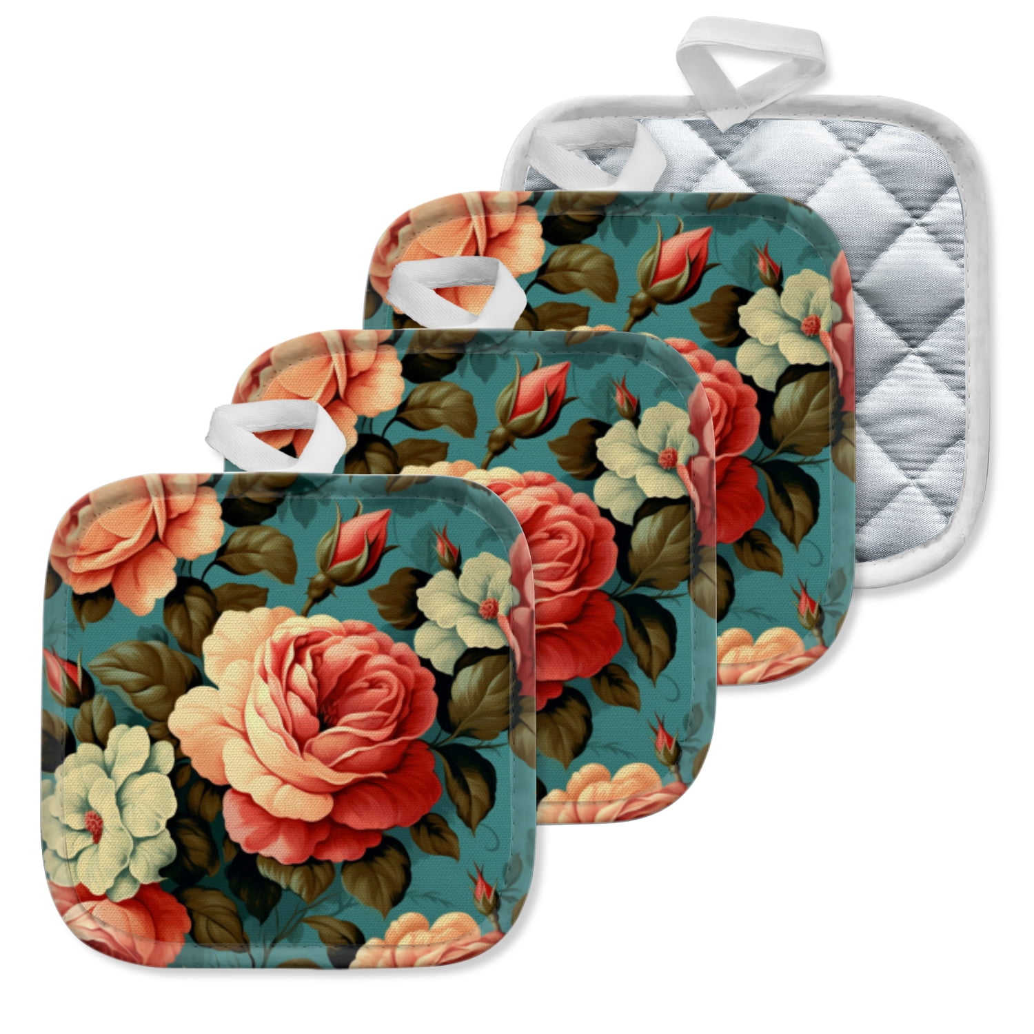 4 Pack Pot Holders,Kitchen Essential, Potholder Set,Floral Pattern With ...