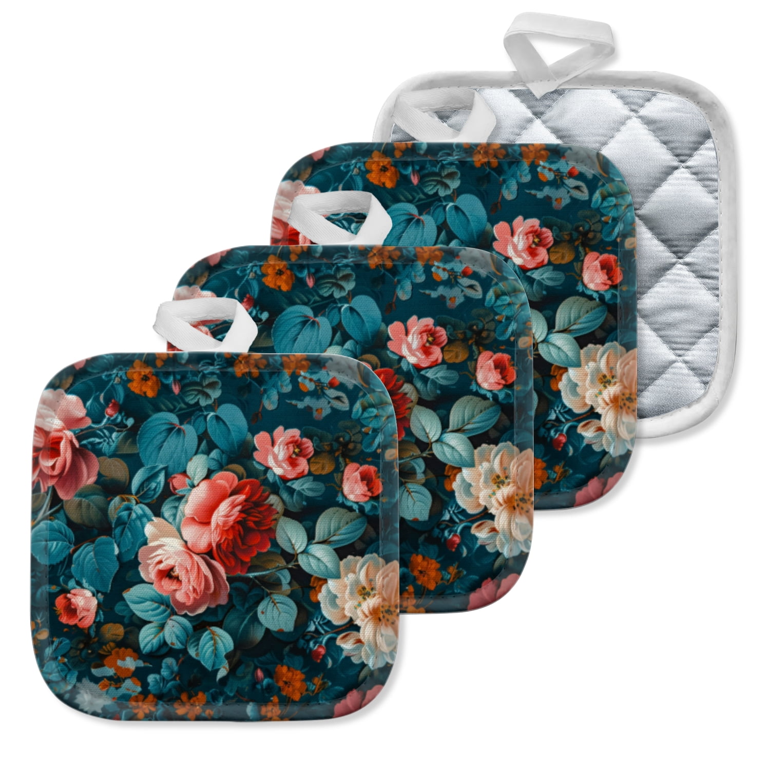 4 Pack Pot Holders,Kitchen Essential, Potholder Set,Flowers In Rich ...