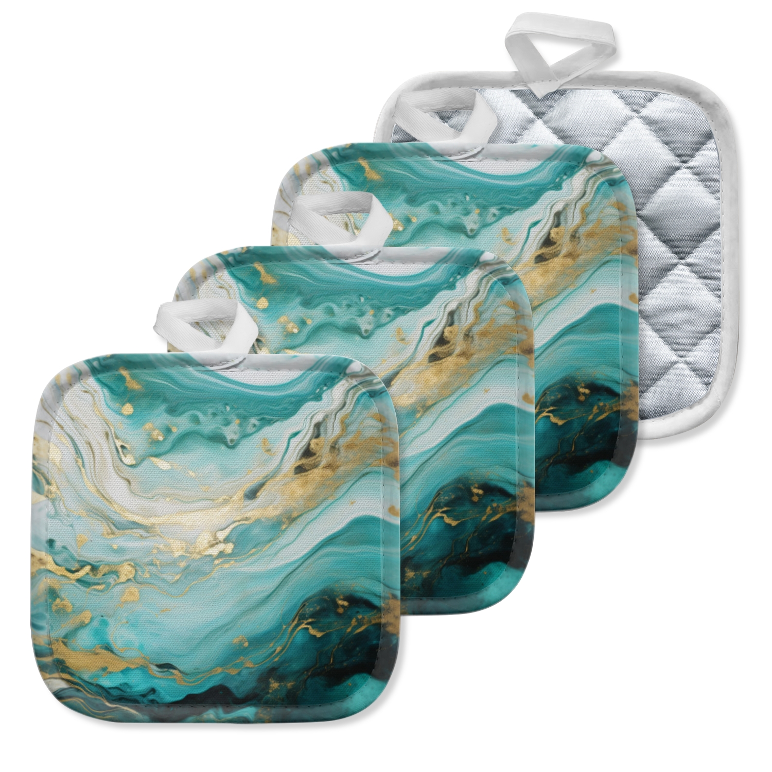 4 Pack Pot Holders,Kitchen Essential, Potholder Set,Fluid Art With Teal ...