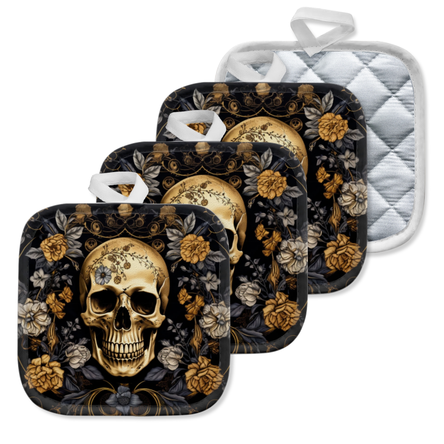 4 Pack Pot Holders,Kitchen Essential, Potholder Set,Golden Skull ...