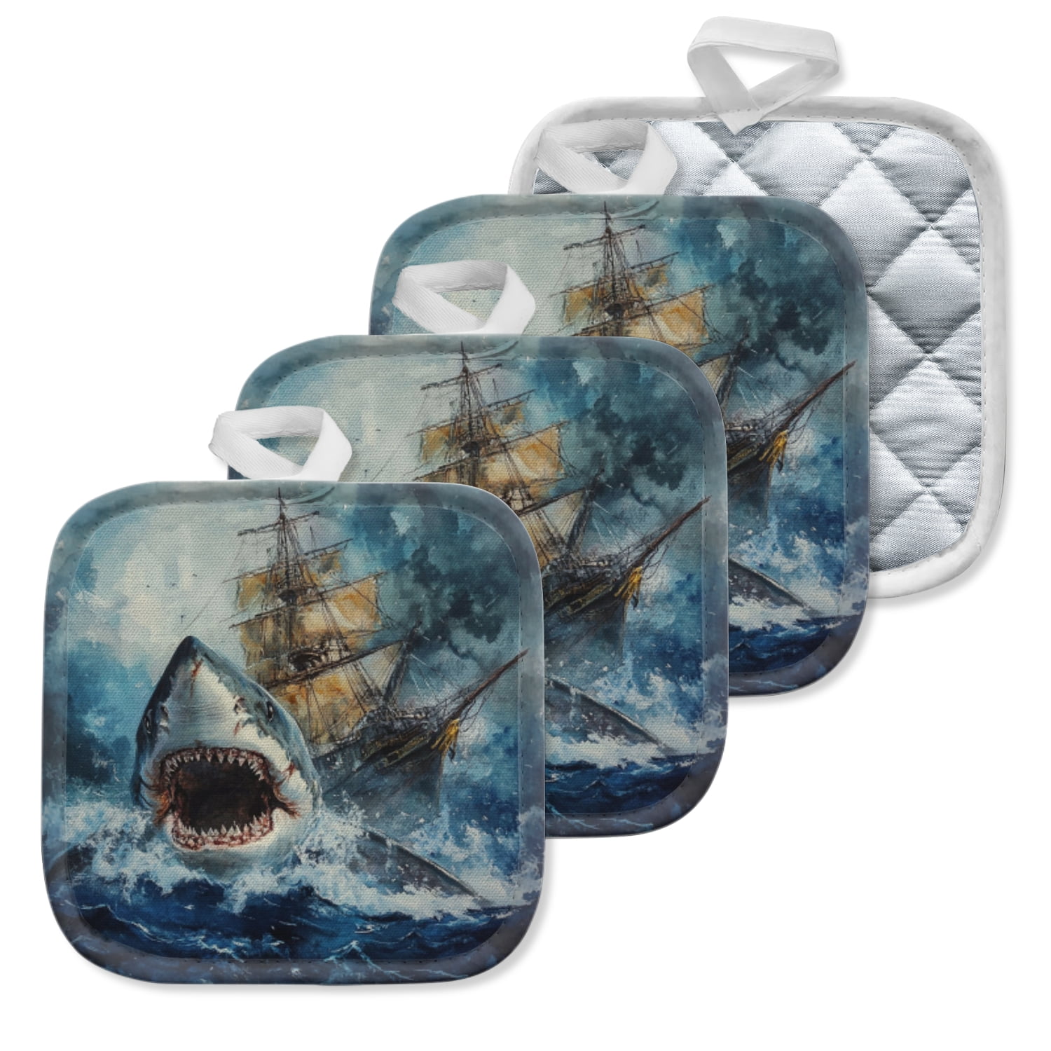 4 Pack Pot Holders,Kitchen Essential, Potholder Set,Great White Shark ...