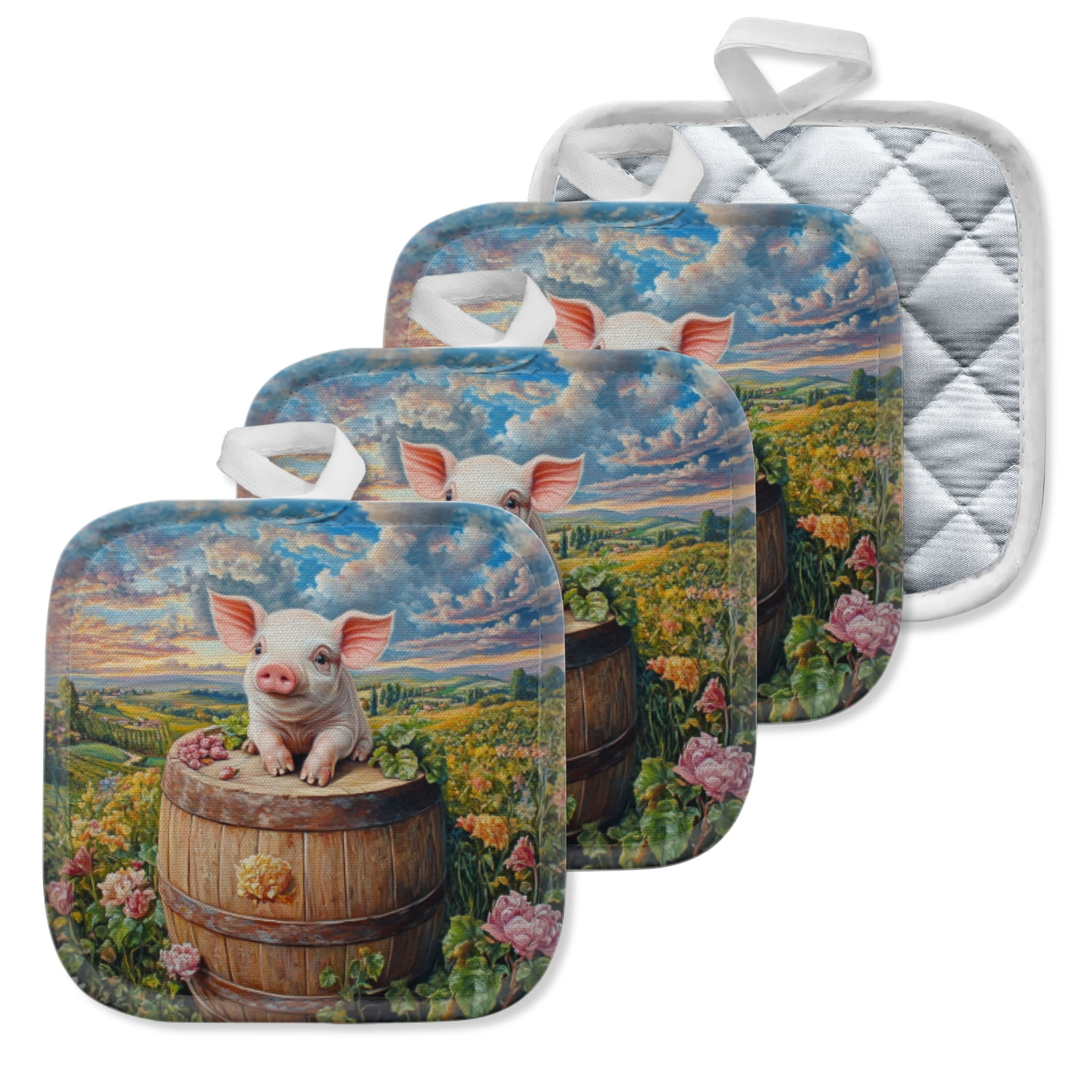 4 Pack Pot Holders,Kitchen Essential, Potholder Set,Piglet On A Barrel ...