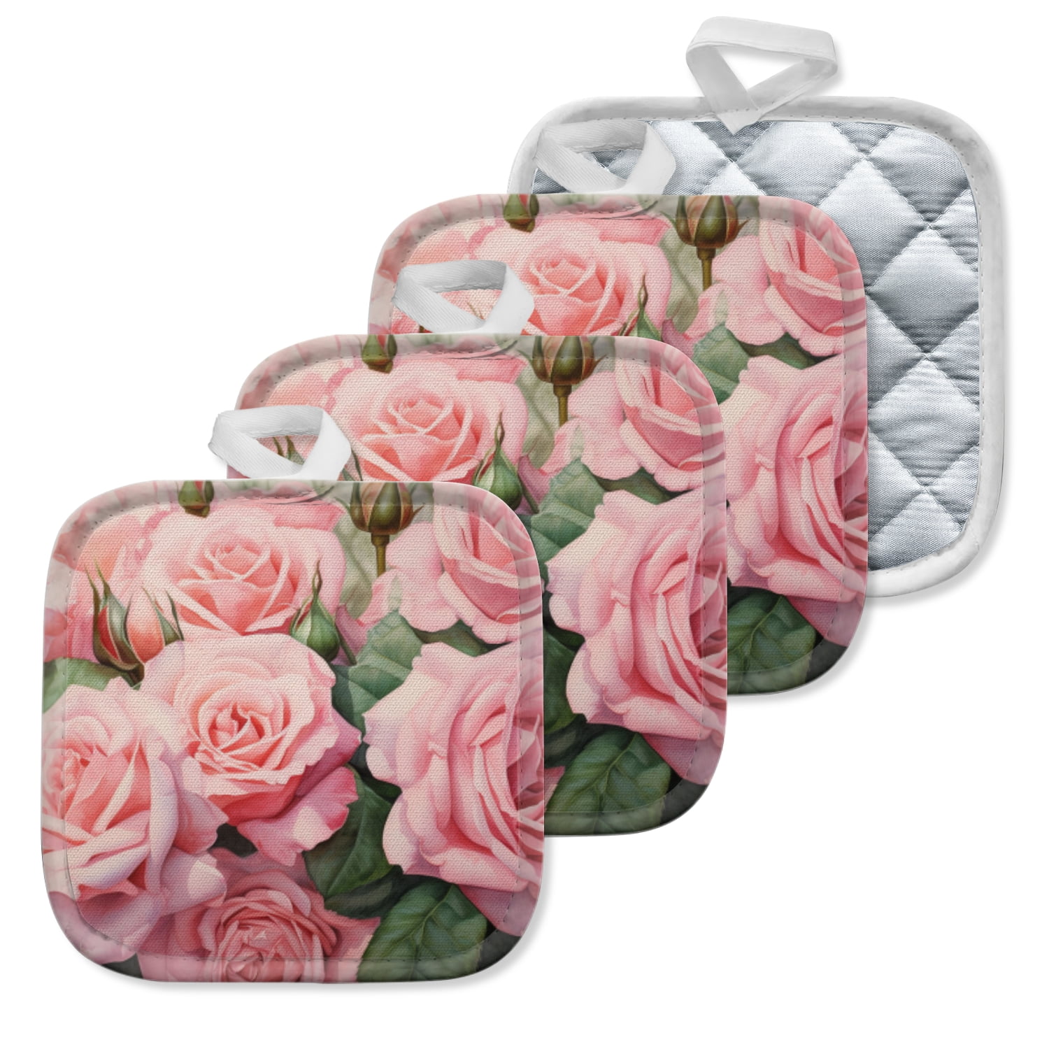 4 Pack Pot Holders,Kitchen Essential, Potholder Set,Pink Rose Bouquet ...