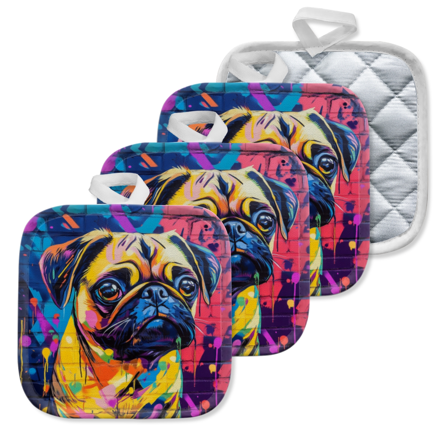 4 Pack Pot Holders,Kitchen Essential, Potholder Set,Pug In A Colorful ...