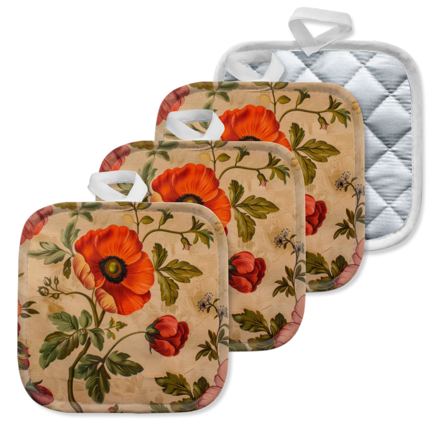 4 Pack Pot Holders,Kitchen Essential, Potholder Set,Retro Floral Design ...
