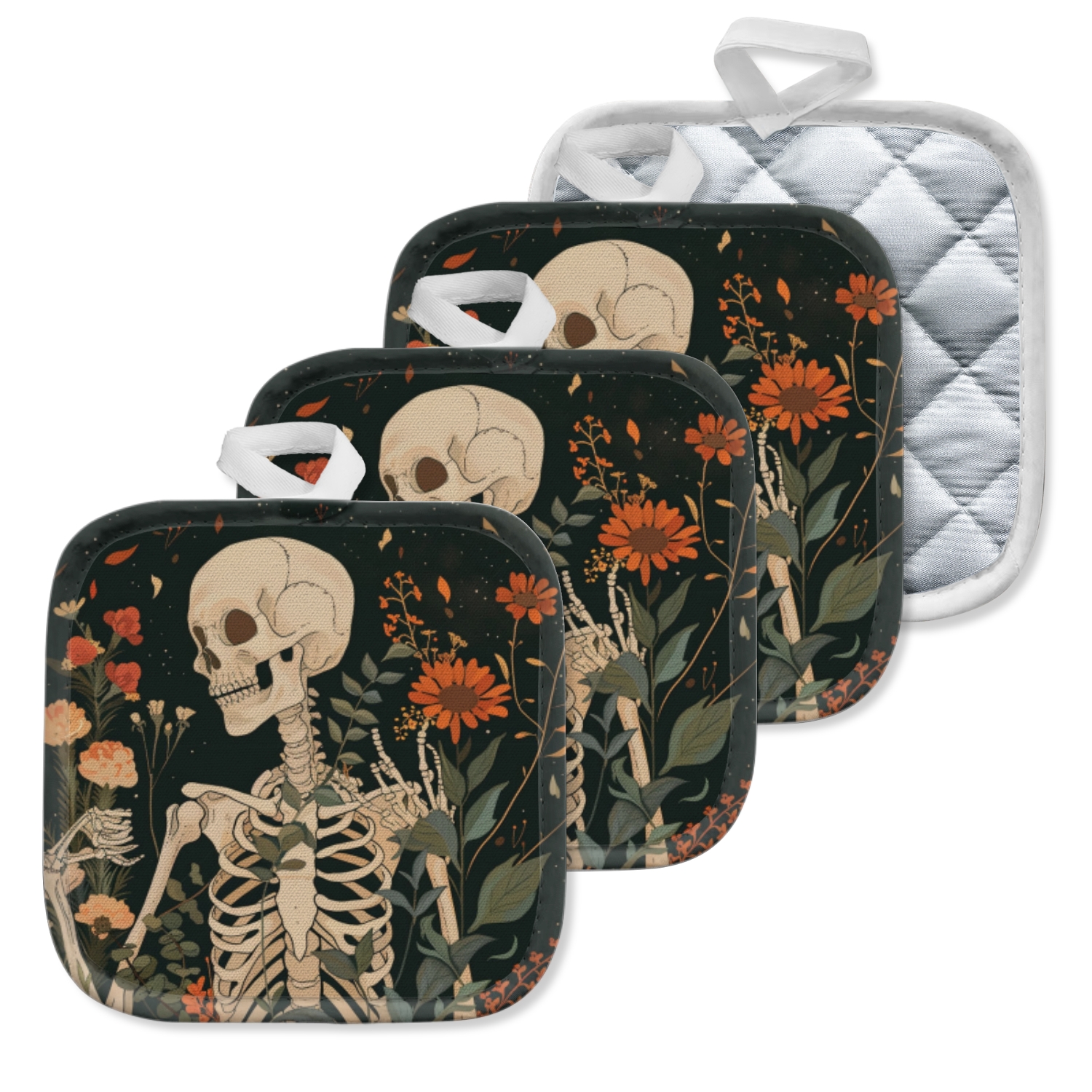 4 Pack Pot Holders,Kitchen Essential, Potholder Set,Skeleton Surrounded ...