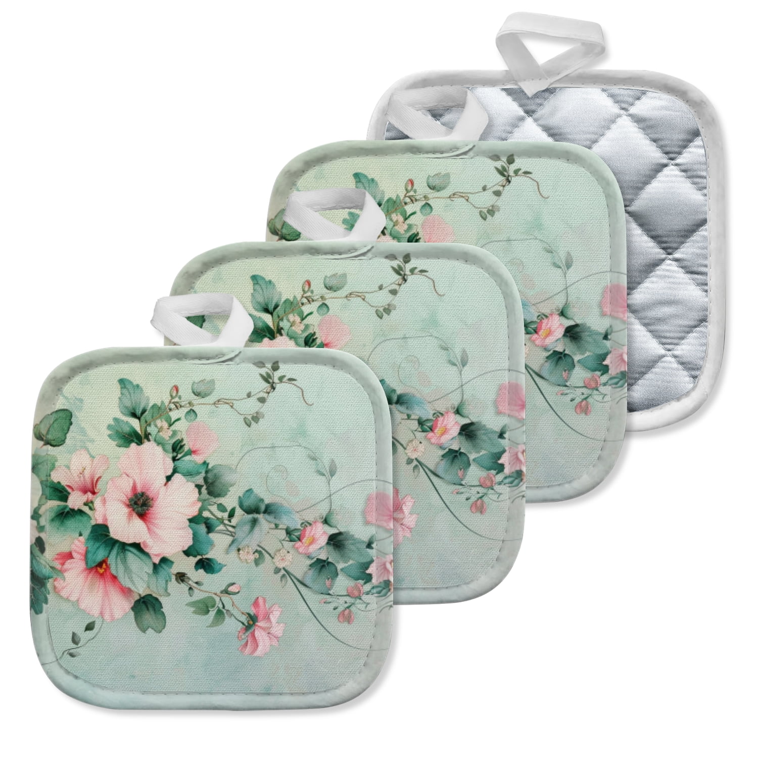 4 Pack Pot Holders,Kitchen Essential, Potholder Set,Soft Pink Hibiscus ...