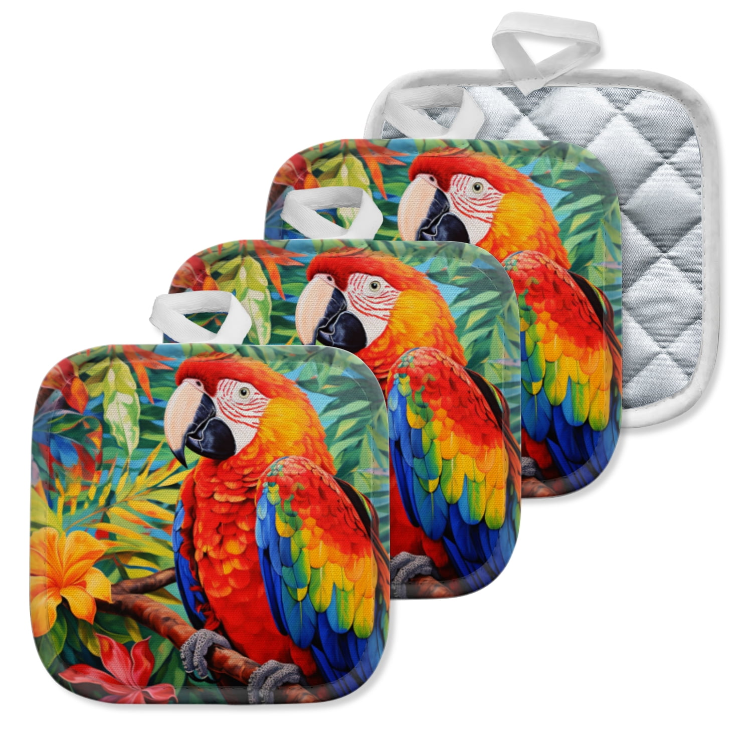 4 Pack Pot Holders,Kitchen Essential, Potholder Set,Vibrant Macaw In A ...