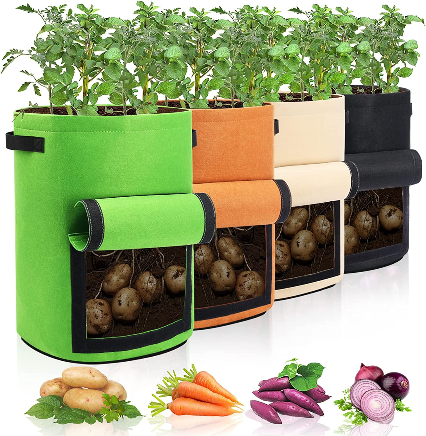 4 Pack Potato Growing Bag with Flap 10 Gallon Planter Pots with Handles ...