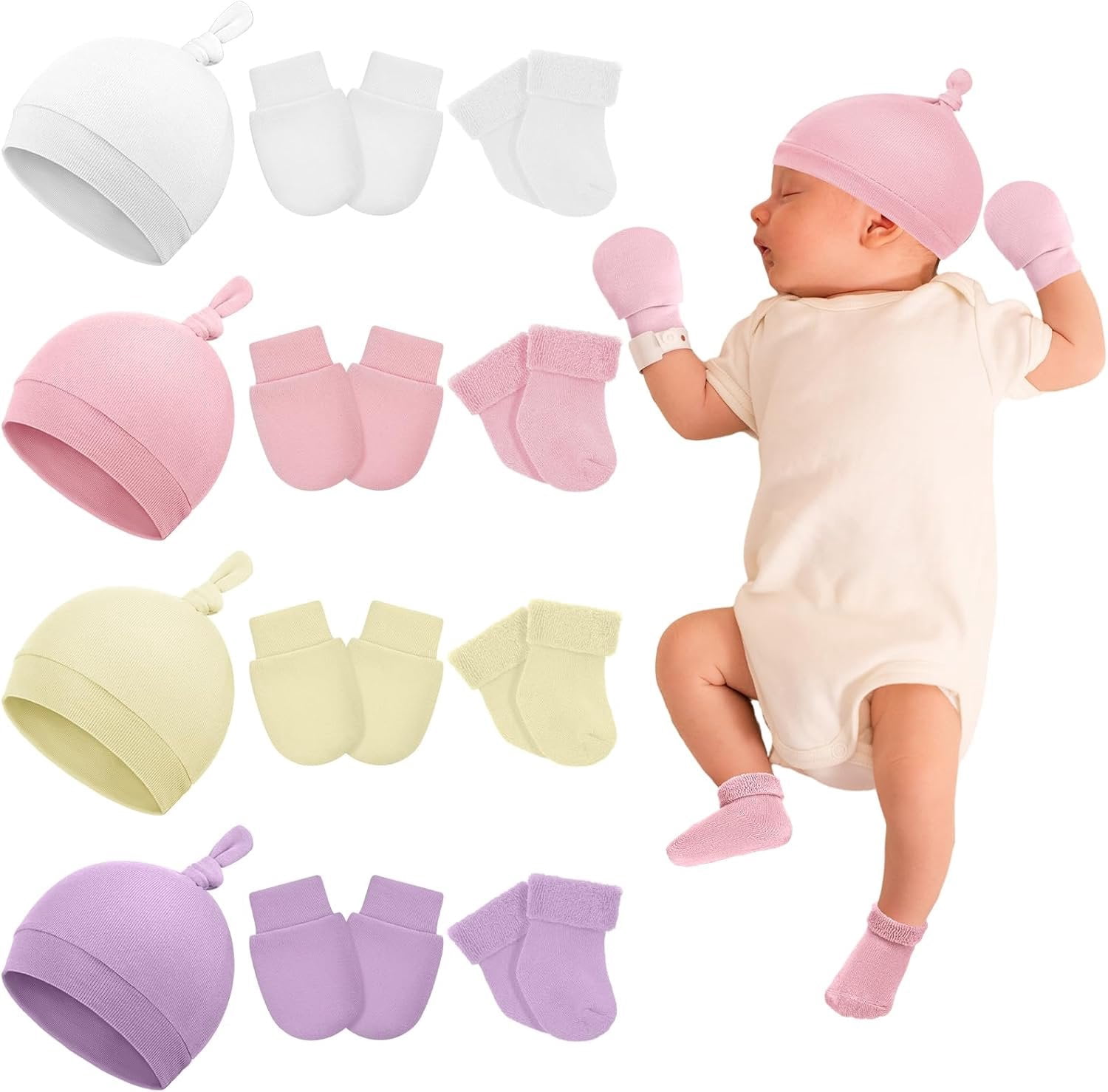 4 Pack Preemie Hats Mitten and Socks Set Preemie Cap No Scratch Mittens ...